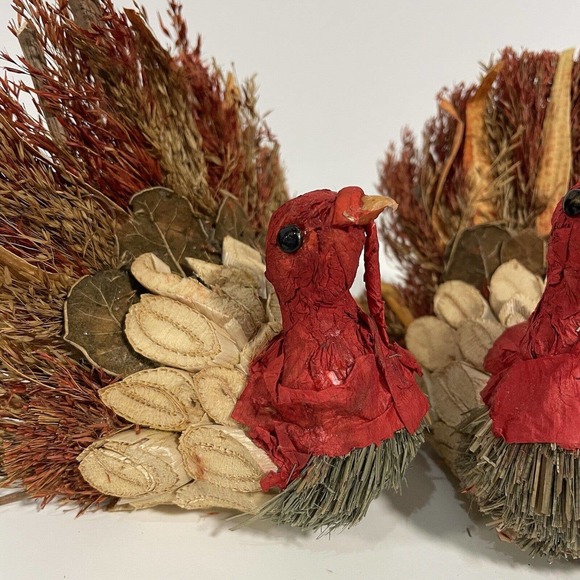 Handmade | Holiday | Vintage 2 Turkeys Harvest Straw Wood Centerpiece ...